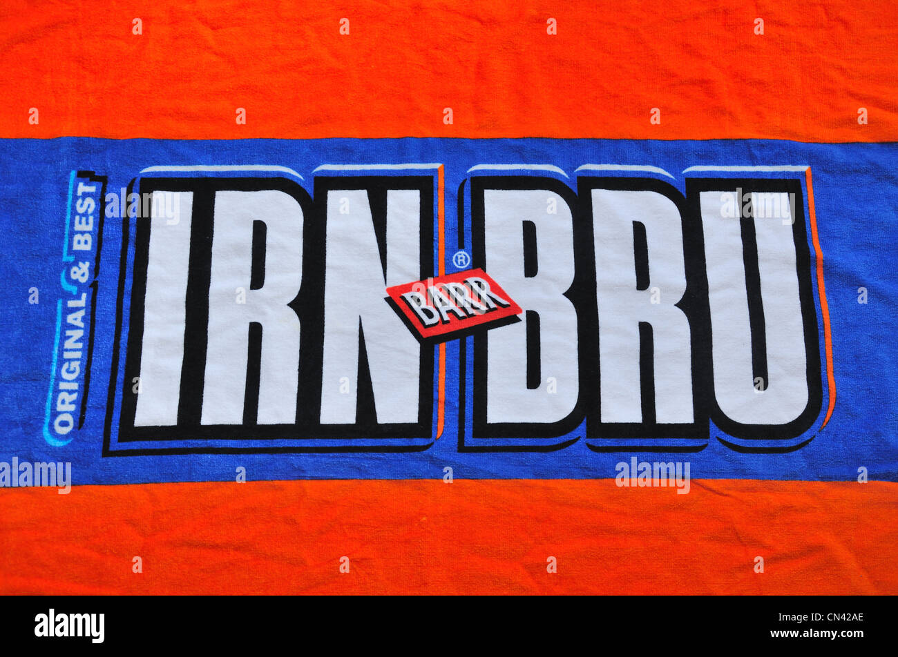 Isolated view of a Barr's Irn Bru beach towel given away in a promotion ...