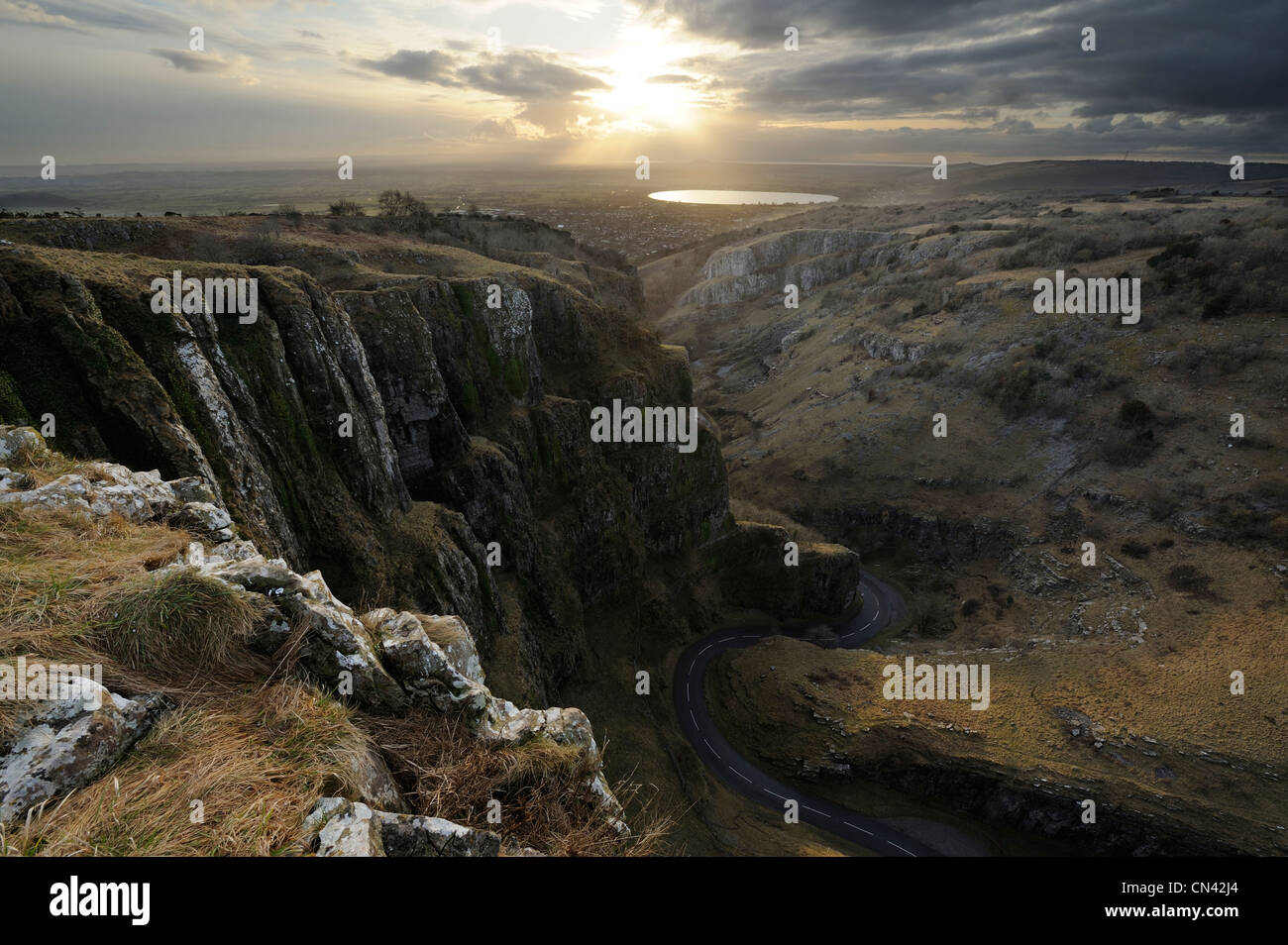 Cheddar Gorge seen above from Black Rock at sunset. Cheddar Reservoir ...