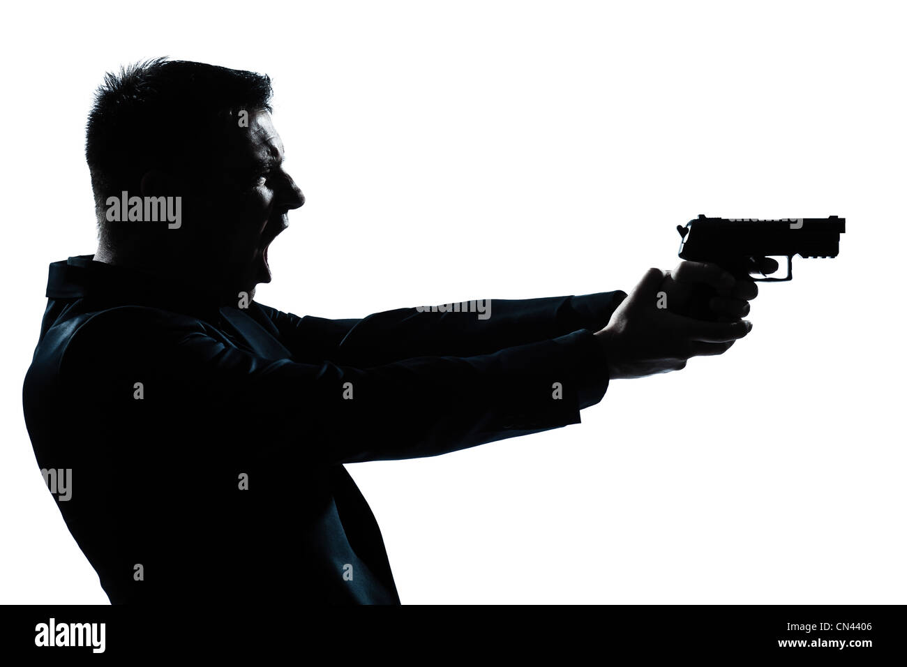 one caucasian spy criminal policeman detective man holding gun portrait ...