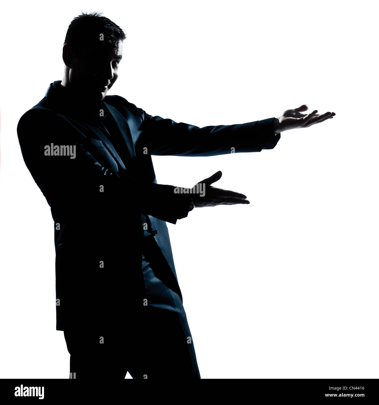 one caucasian man portrait showing pointing empty copy space silhouette ...