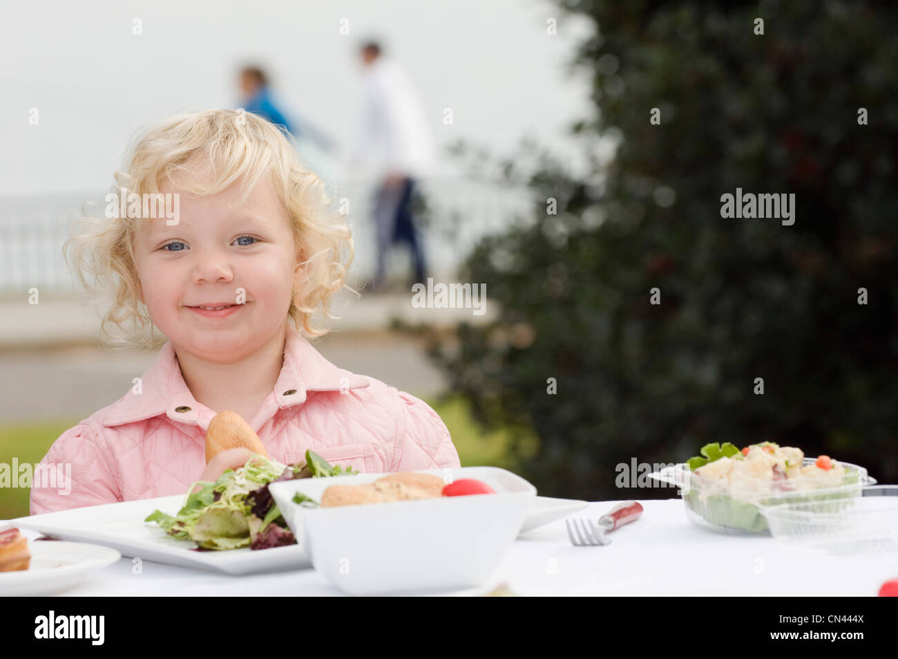 Girl at Picnic Table in Park, Vancouver, British Columbia Stock Photo ...