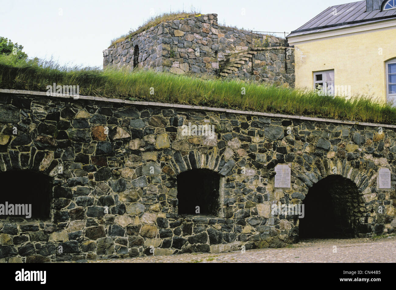 Architectural detail of the cut-stone bunkers with sod roofs at the ...