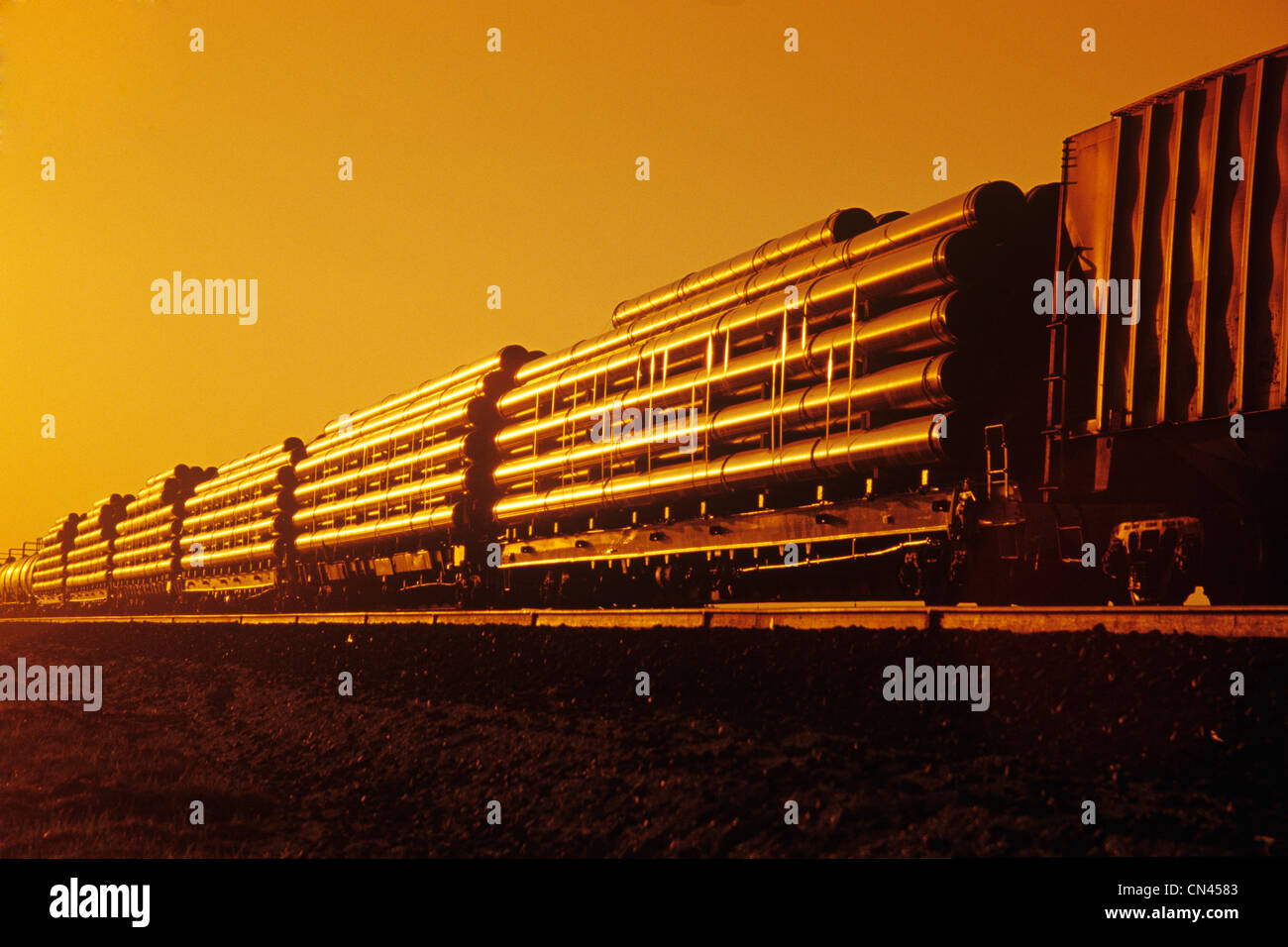 Rail Car Train carrying Steel Pipe, near Winnipeg, Manitoba Stock Photo ...