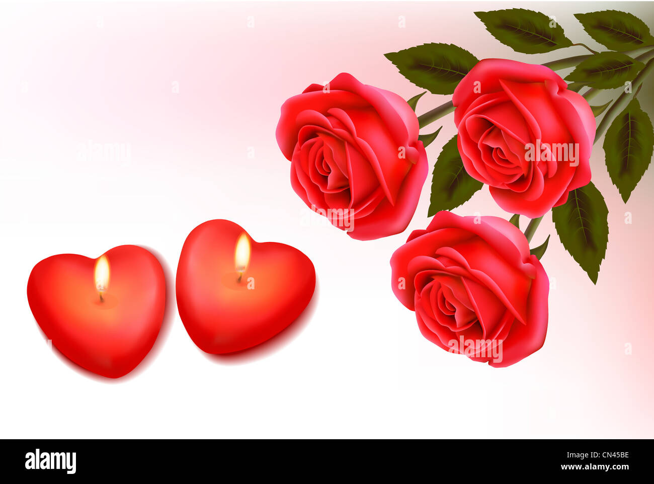 Valentine`s day background. Red roses and two heart candles. Vector ...