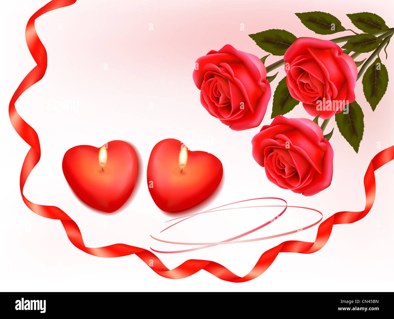 Valentine`s day background. Red roses and two heart candles. Vector ...