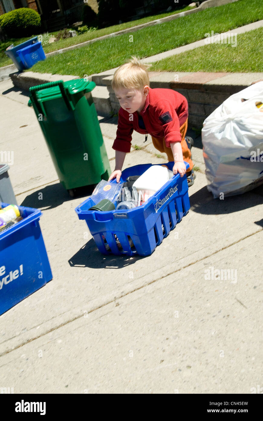 Little Boy Helping to take out the Recycling, Toronto, Ontario Stock ...