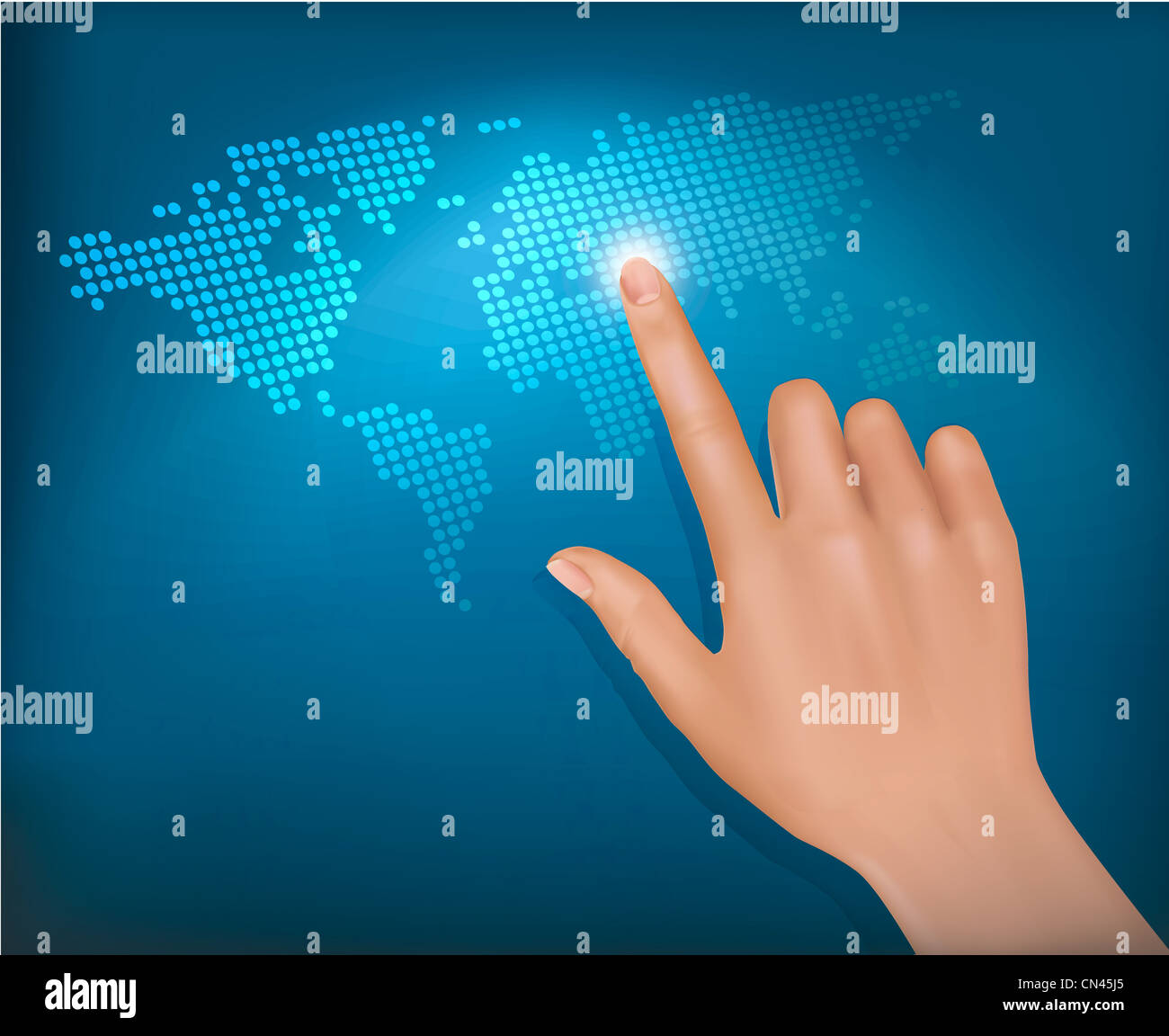 Finger touching world map on a touch screen Stock Photo - Alamy