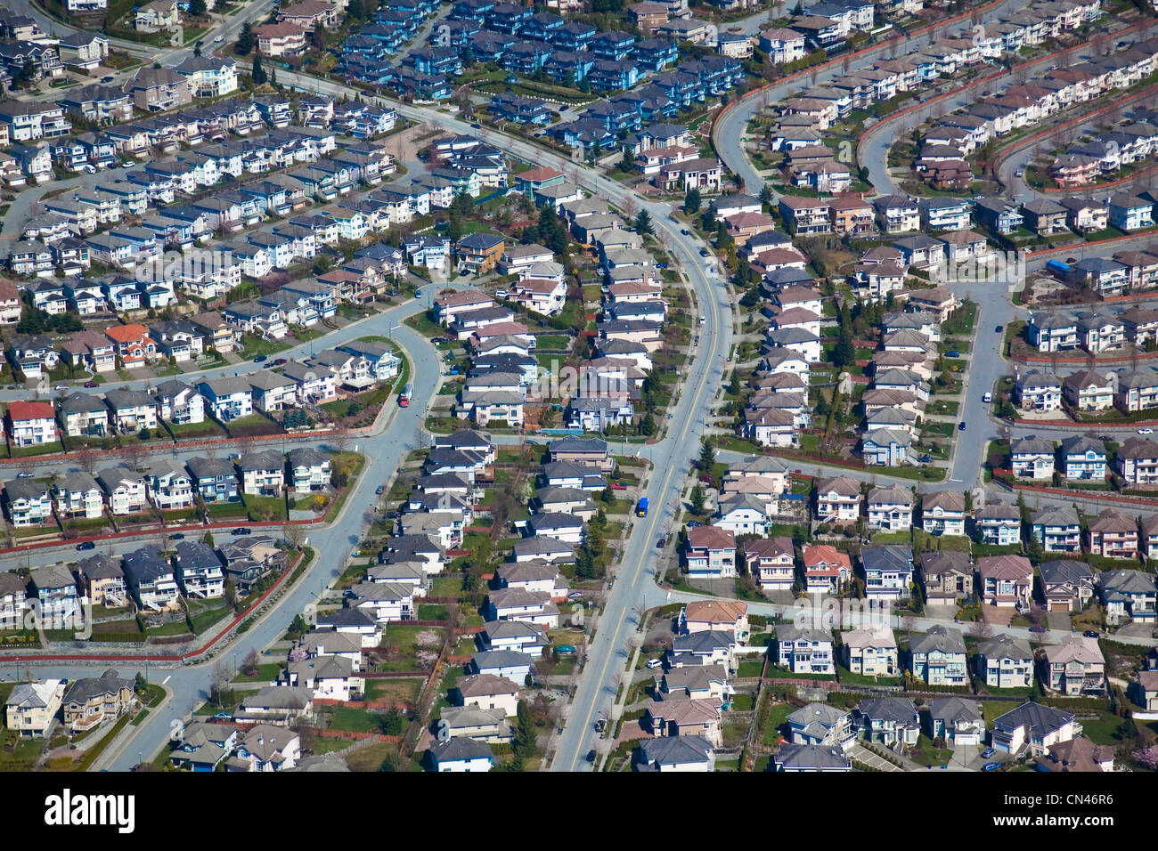 Aerial view of suburban neighbourhood in Lower Mainland, British ...