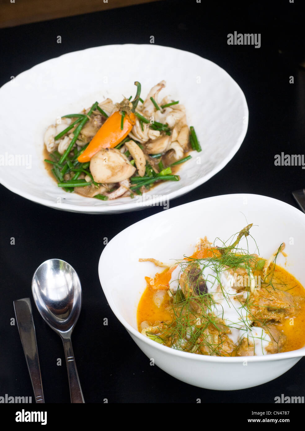 Thai food, yellow curry, kaeng carri, with chicken in the foreground ...