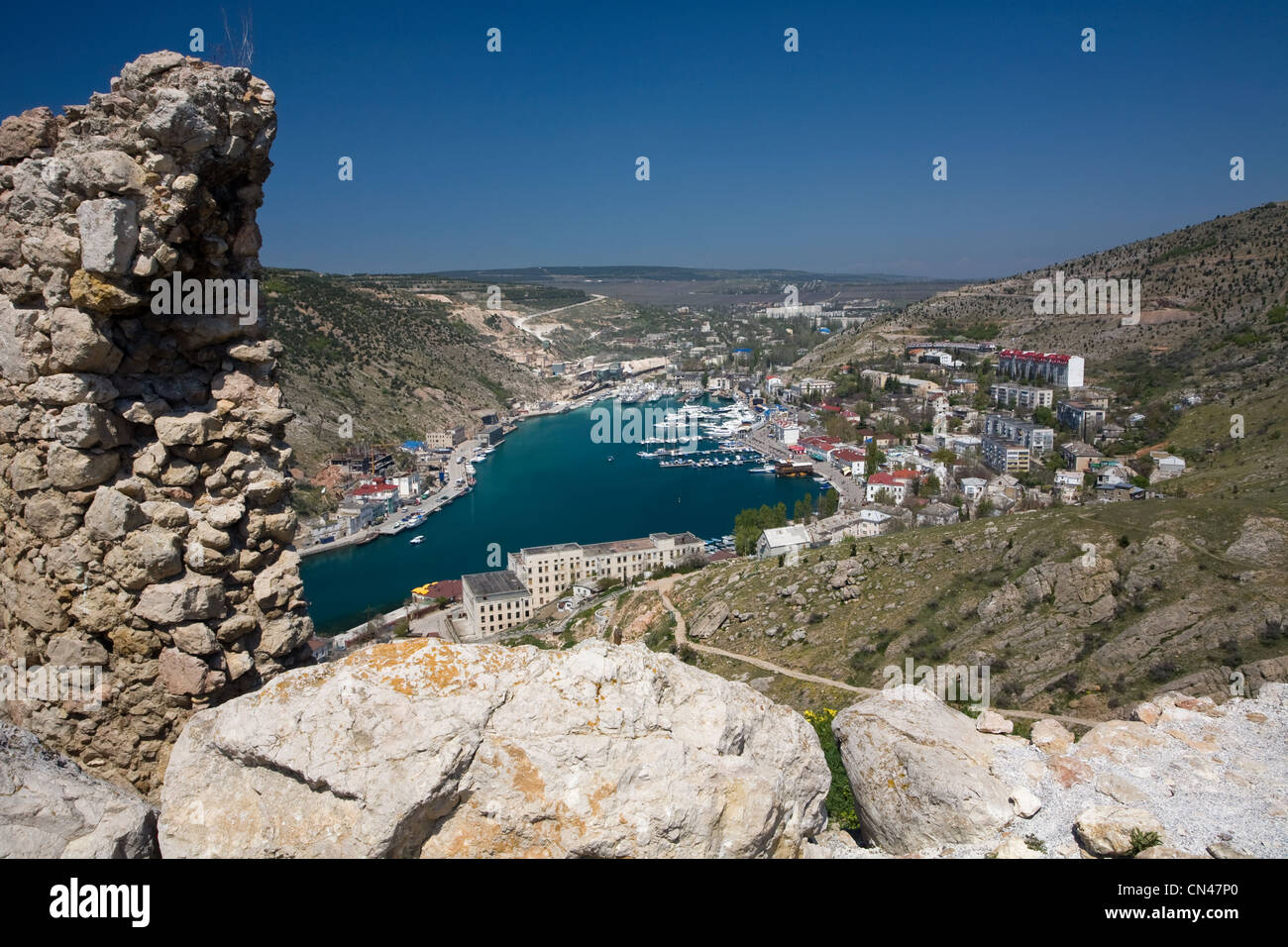 Ukraine, Crimea, Balaklava, view on the Balaklava bay, where submarines ...