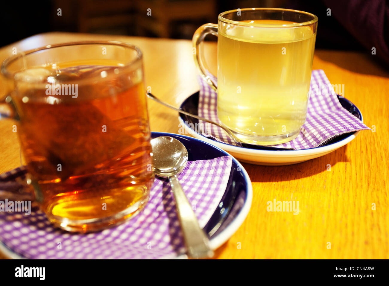 Two Cups of Tea with Saucers on a Table with Checkered Napkins Stock ...
