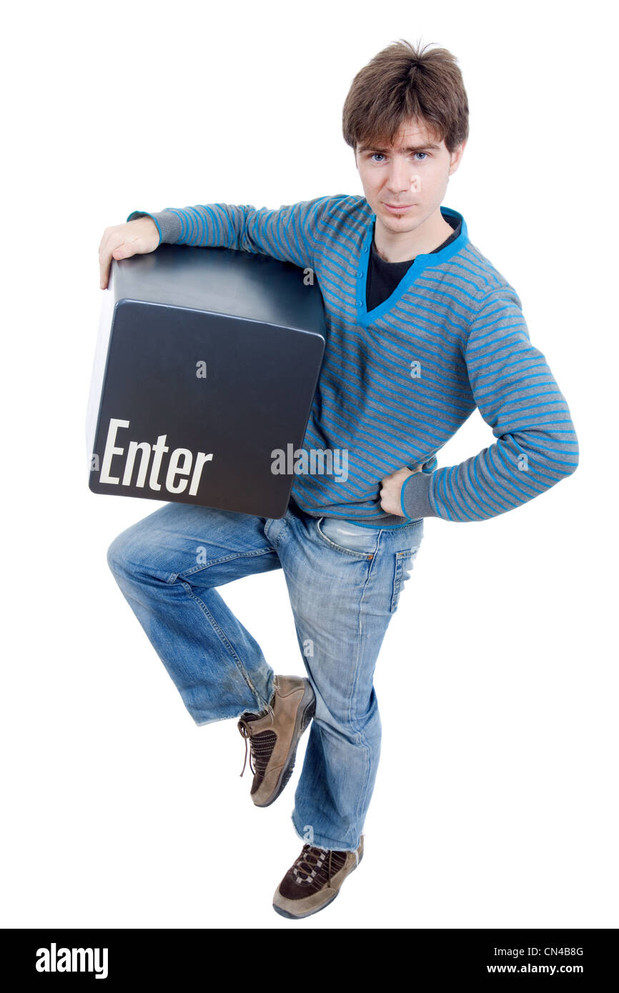 young casual man with the enter key Stock Photo - Alamy