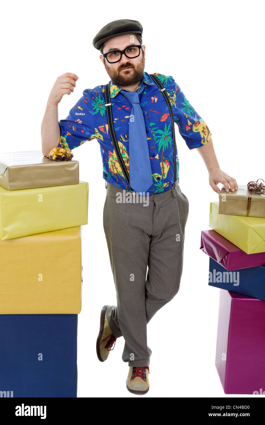 happy silly salesman with some boxes, isolated on white Stock Photo - Alamy