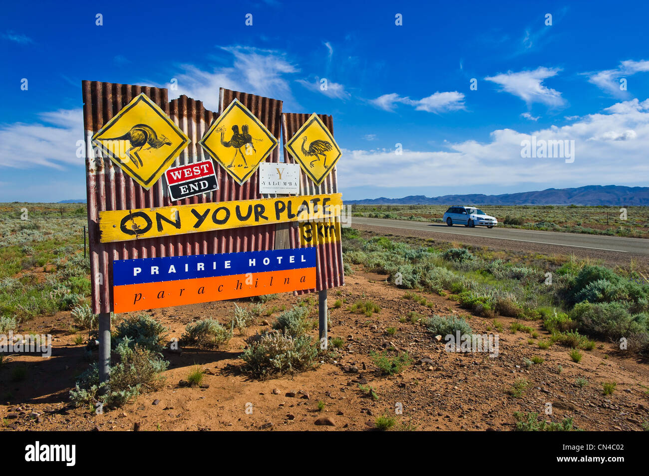 Australia, South Australia, Parachilna, signboard mentionning Prairie ...