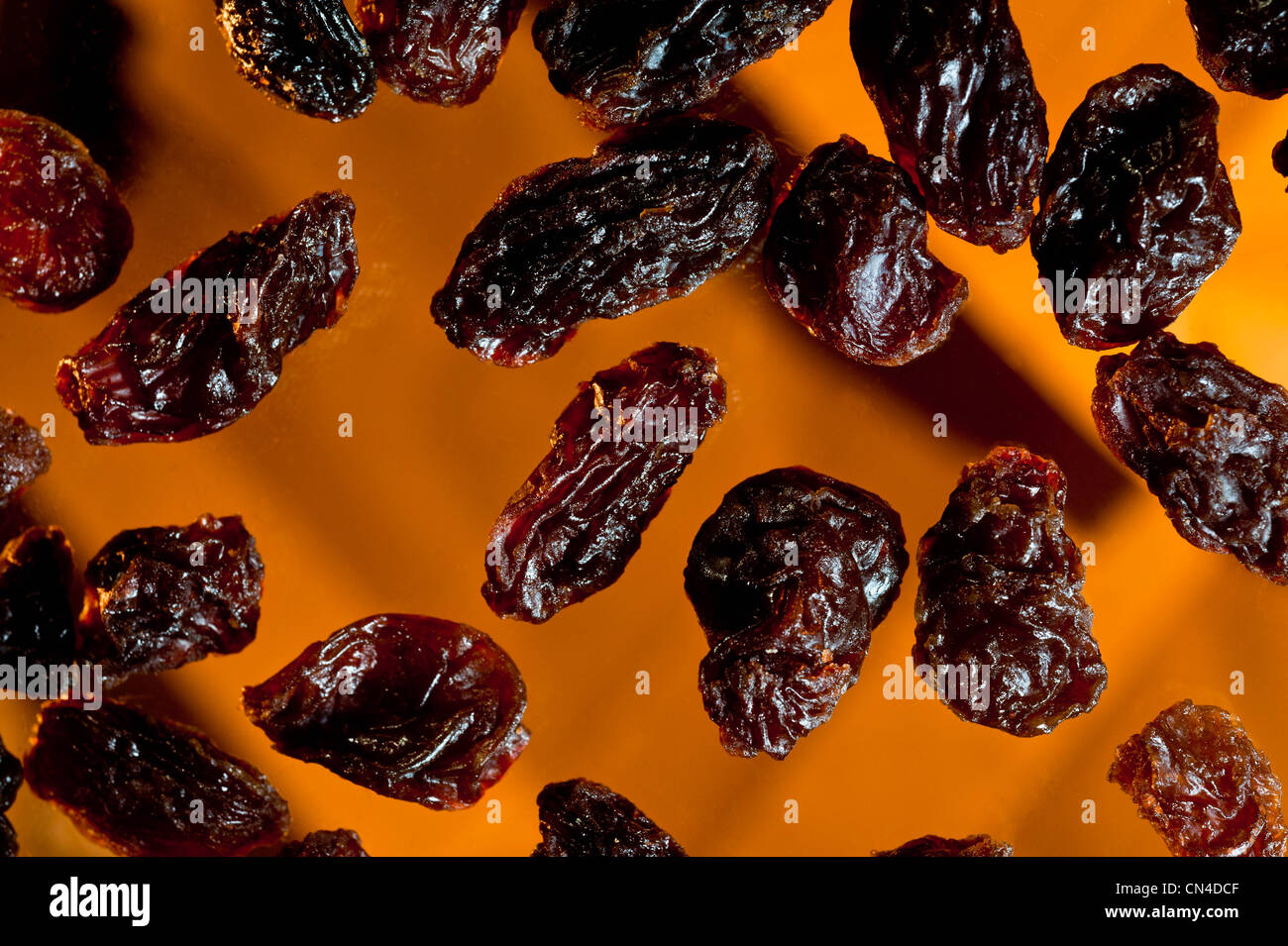 raisins spread out on an orange background Stock Photo - Alamy