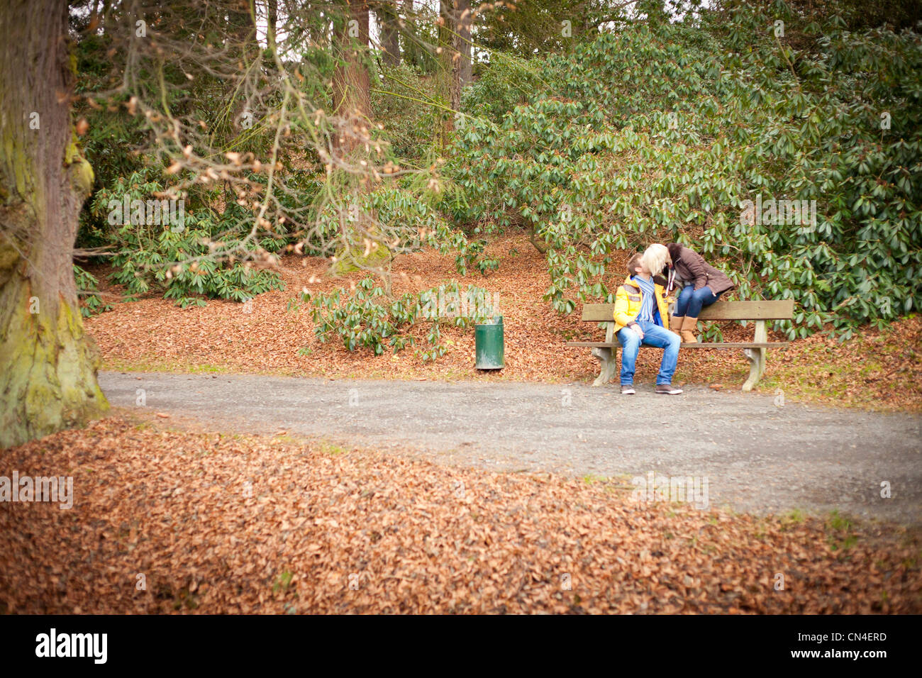 Couple Sharing a Private Moment on a Secluded Park Bench Surrounded by ...