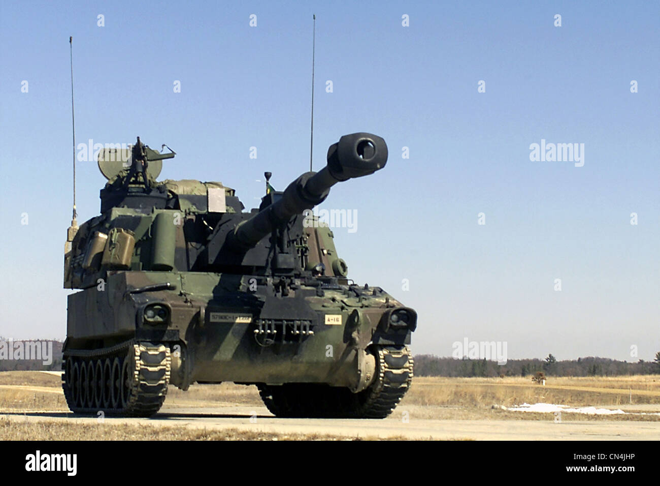Front view of a US Army M109A6 155mm "Paladin" self-propelled howitzer ...