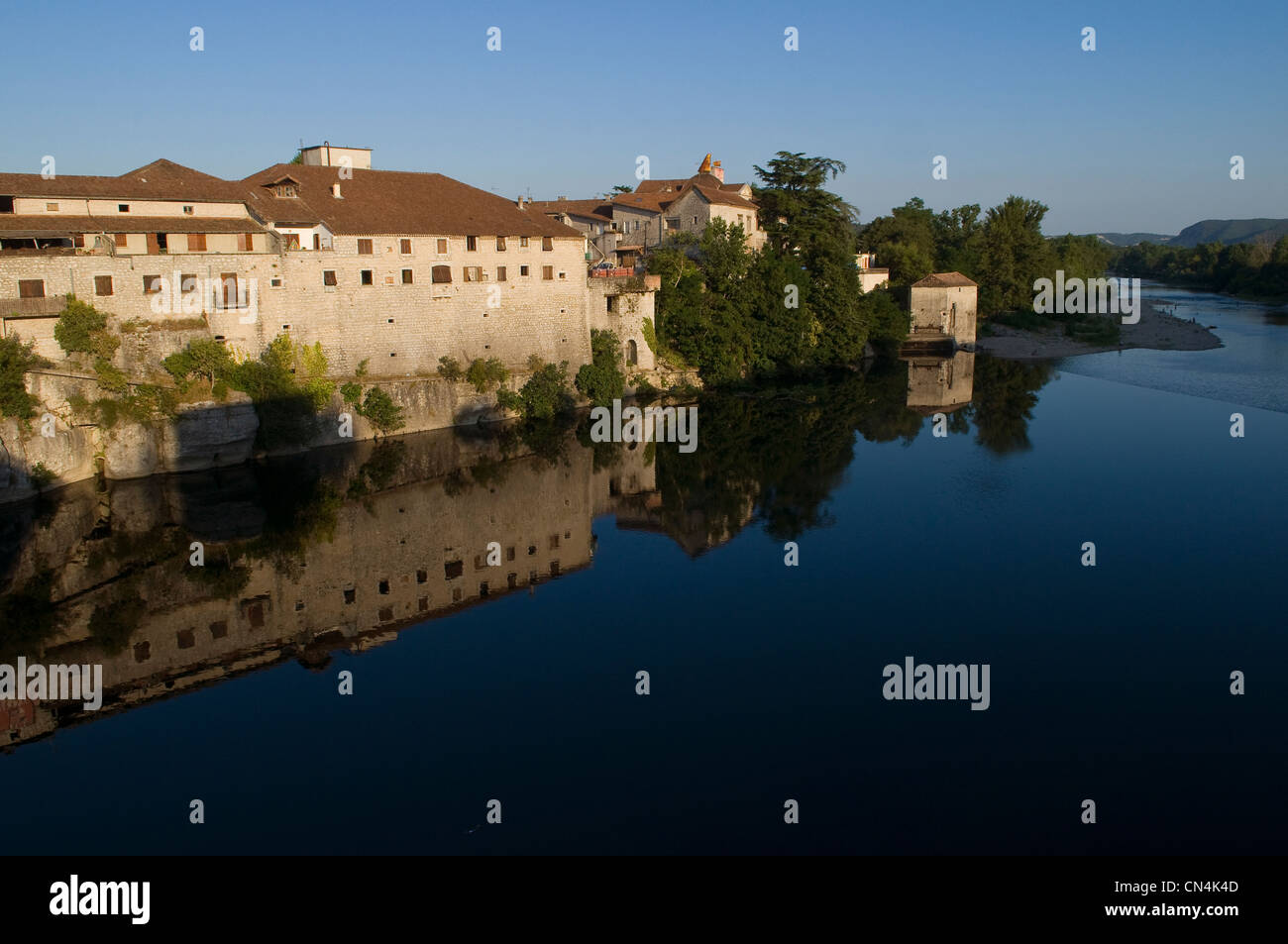 France, Ardeche, view of Ruoms town under Ardeche river from La ...