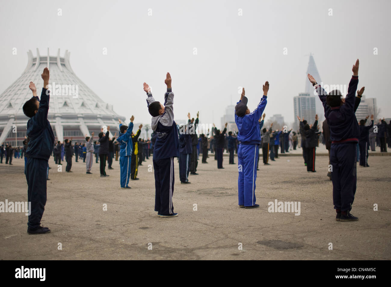 North Korea, Pyongyang, ice rink, North Korean boys rehearsing for the ...