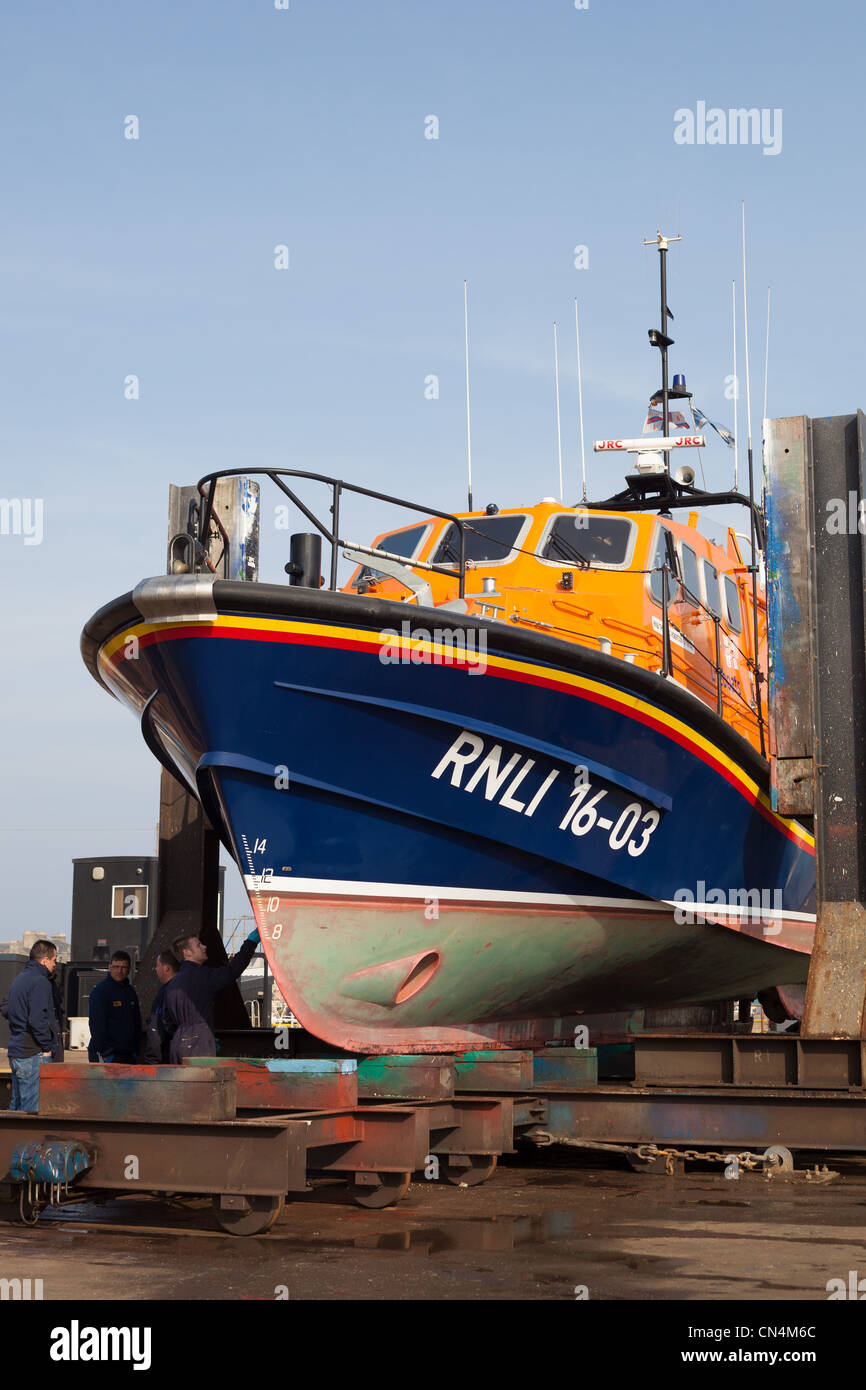 Peterhead Lifeboat up on ramps at Fraserburgh ship repair yards Stock ...