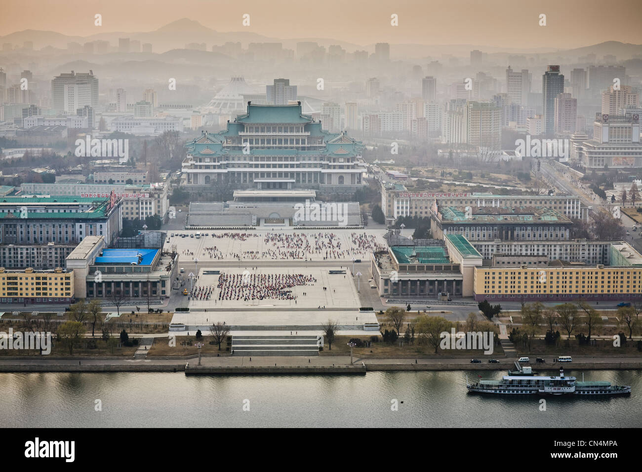 North Korea, Pyongyang, Juche tower, elevated view of Kim Il-Sung ...