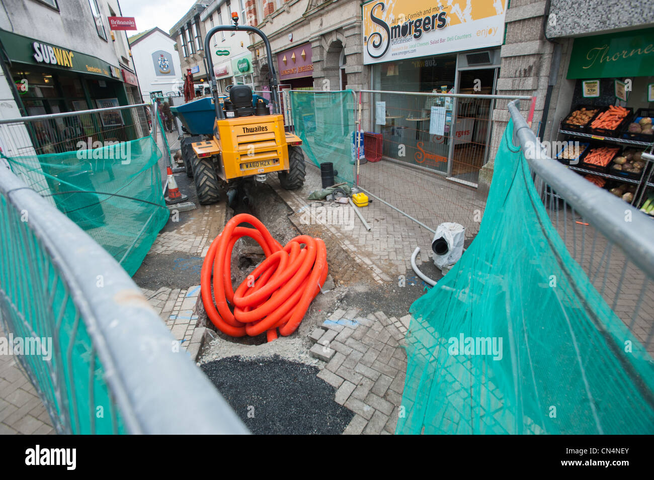 Roadworks in St Austell Cornwall to replace brick for granite slabs ...