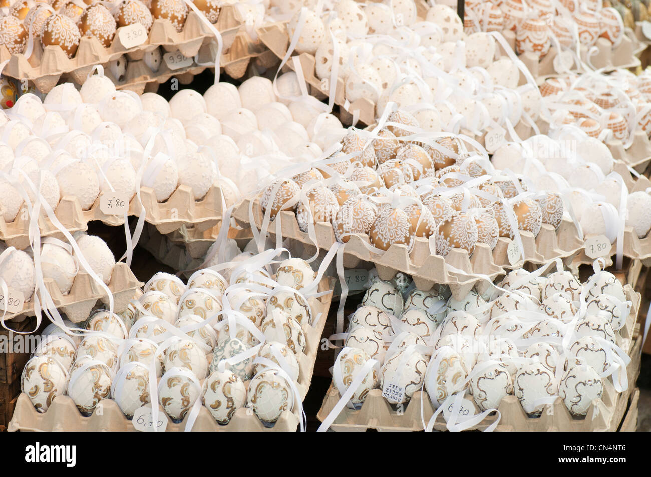 Trays of hand-painted and hand decorated egg shells to celebrate Easter ...