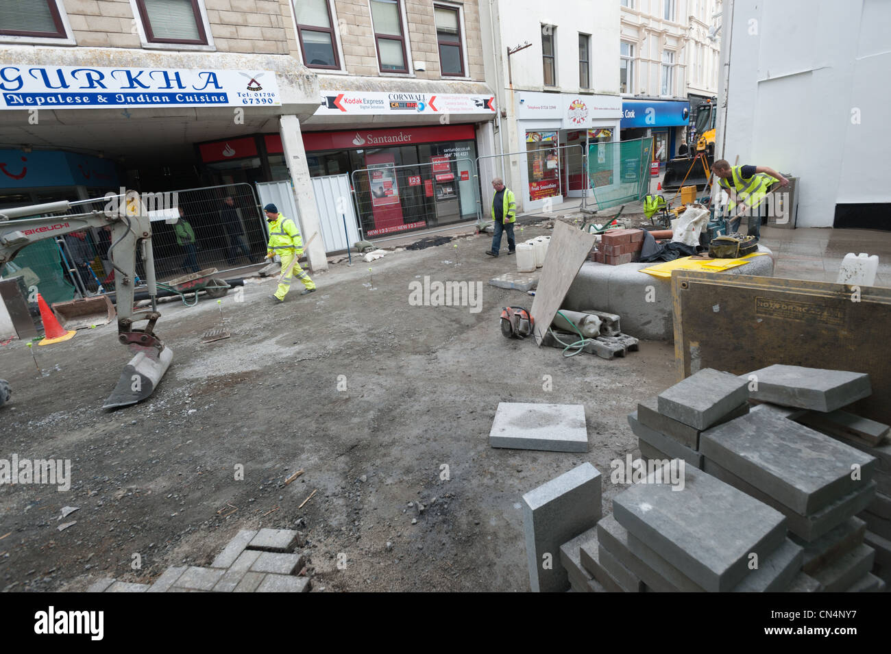 Roadworks in St Austell Cornwall to replace brick for granite slabs ...