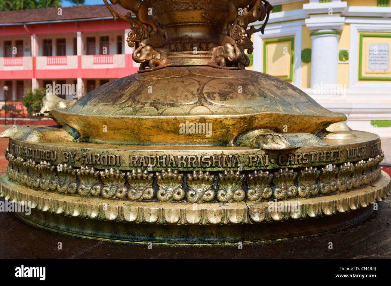 Lamp tower base Mahalsa hindu temple Mardol village Ponda Goa India ...
