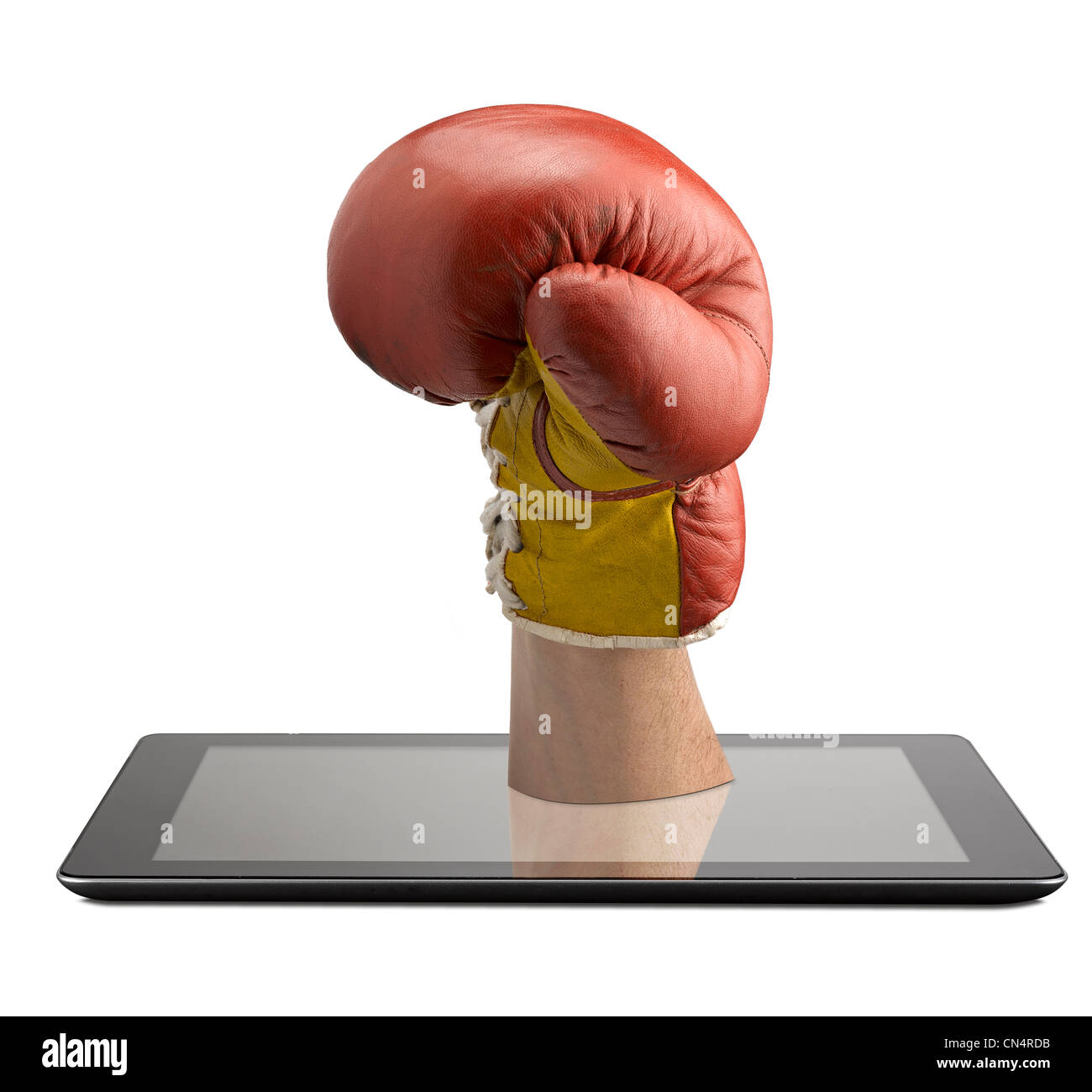 Black generic tablet pc on white background with boxing gloves Stock ...