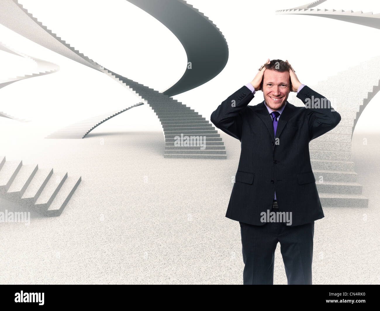stressed man and 3d stair background Stock Photo - Alamy