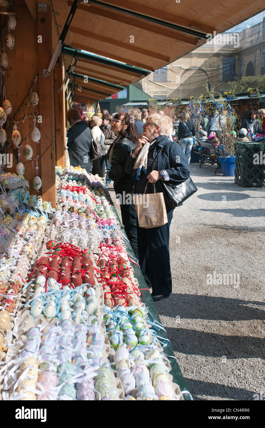 Trays of hand-painted and hand decorated egg shells celebrating Easter ...