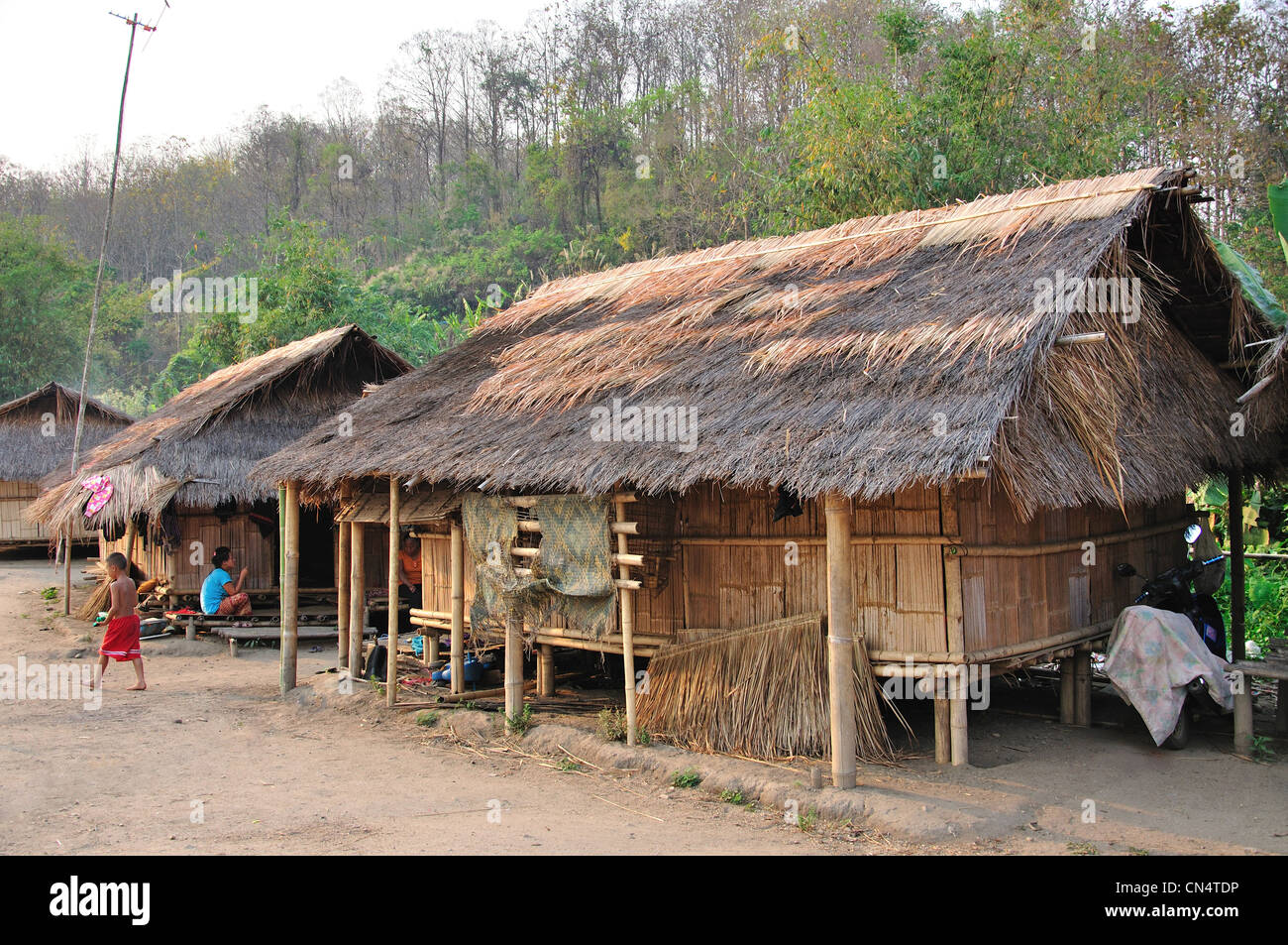 Thatched houses at Karen Long Neck hill tribe village, Chiang Rai ...