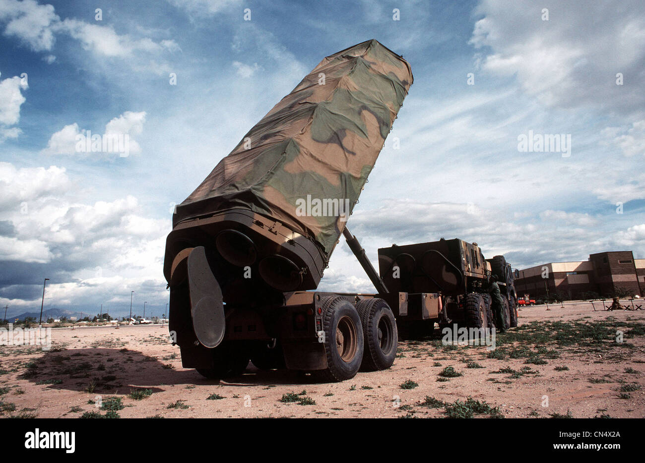 A right rear view of the Ground Launch Cruise Missile (GLCM) launcher ...