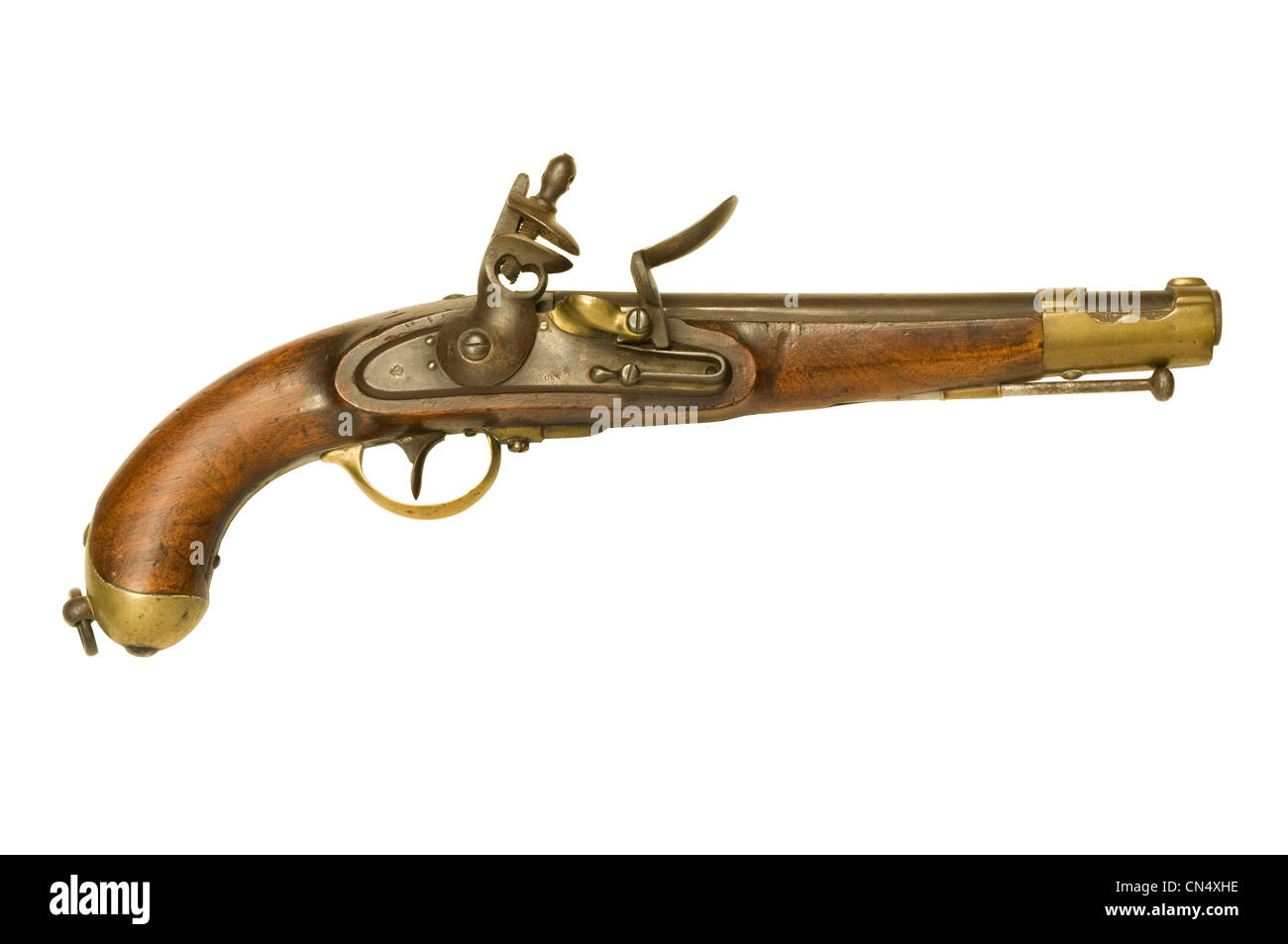 Authentic Revolutionary War flintlock pistol isolated against a white ...