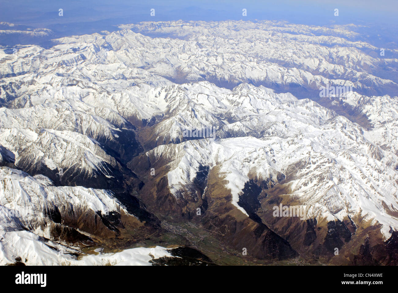 View from plane of snow covered Pyrenees Mountains between France and ...