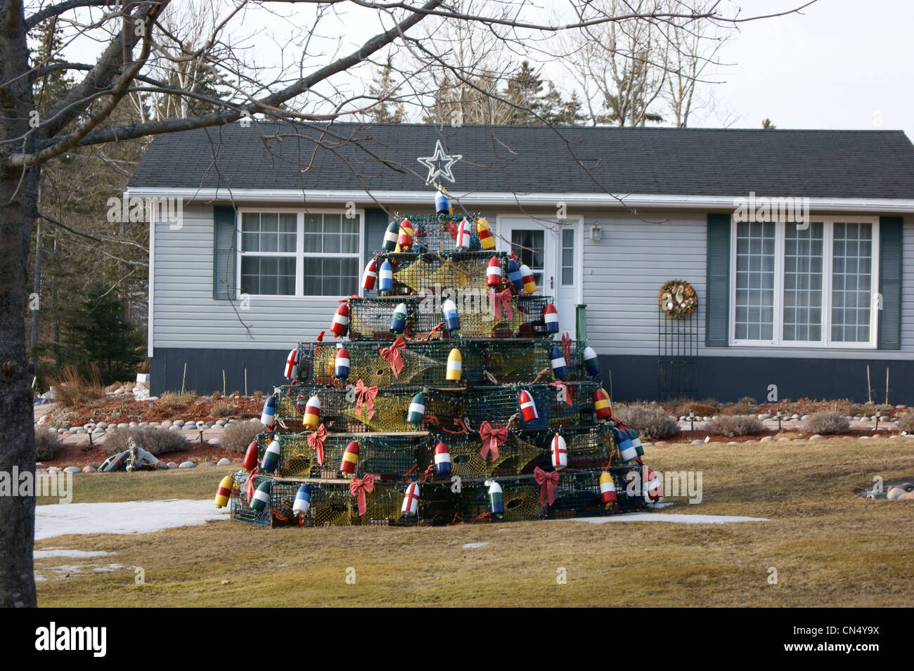 Lobster trap Christmas tree with buoy ornaments, Campobello Island, New ...