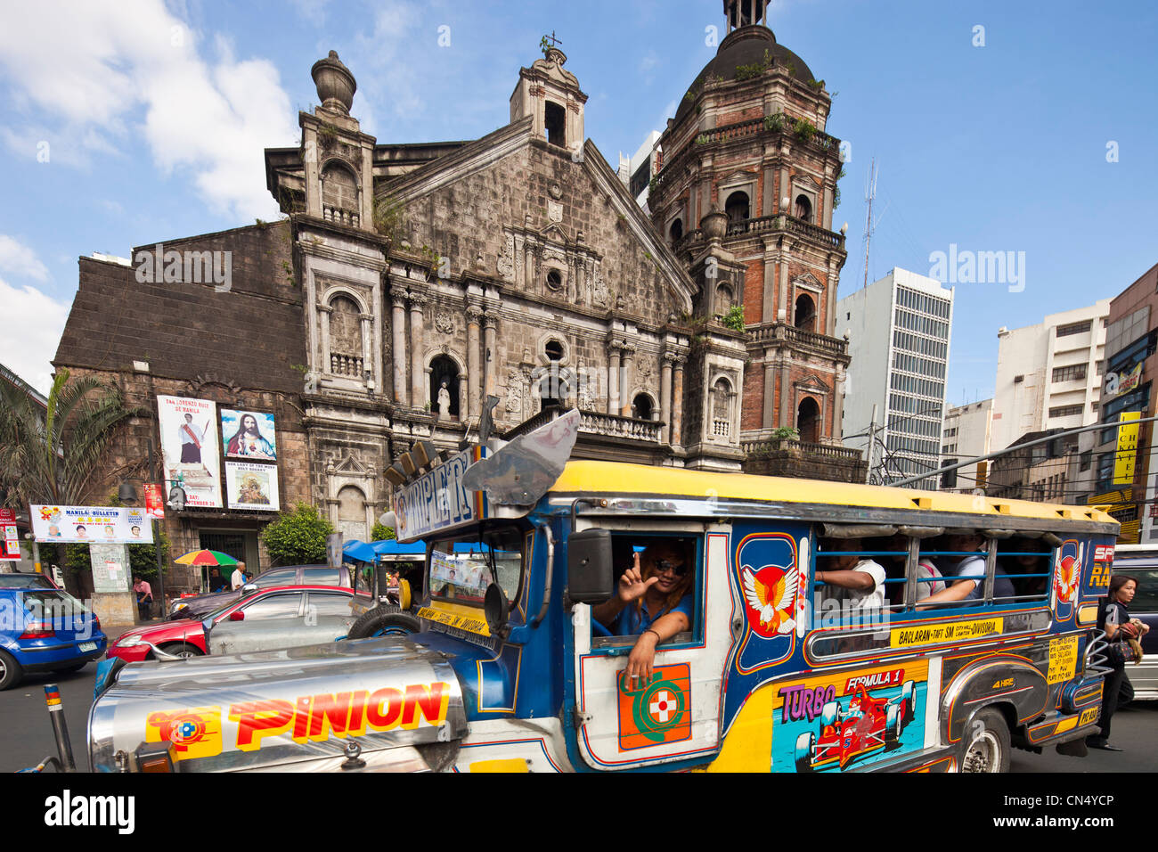 Philippines, Luzon island, Manila, Binondo district, Binondo church and a jeepney Stock Photo ...