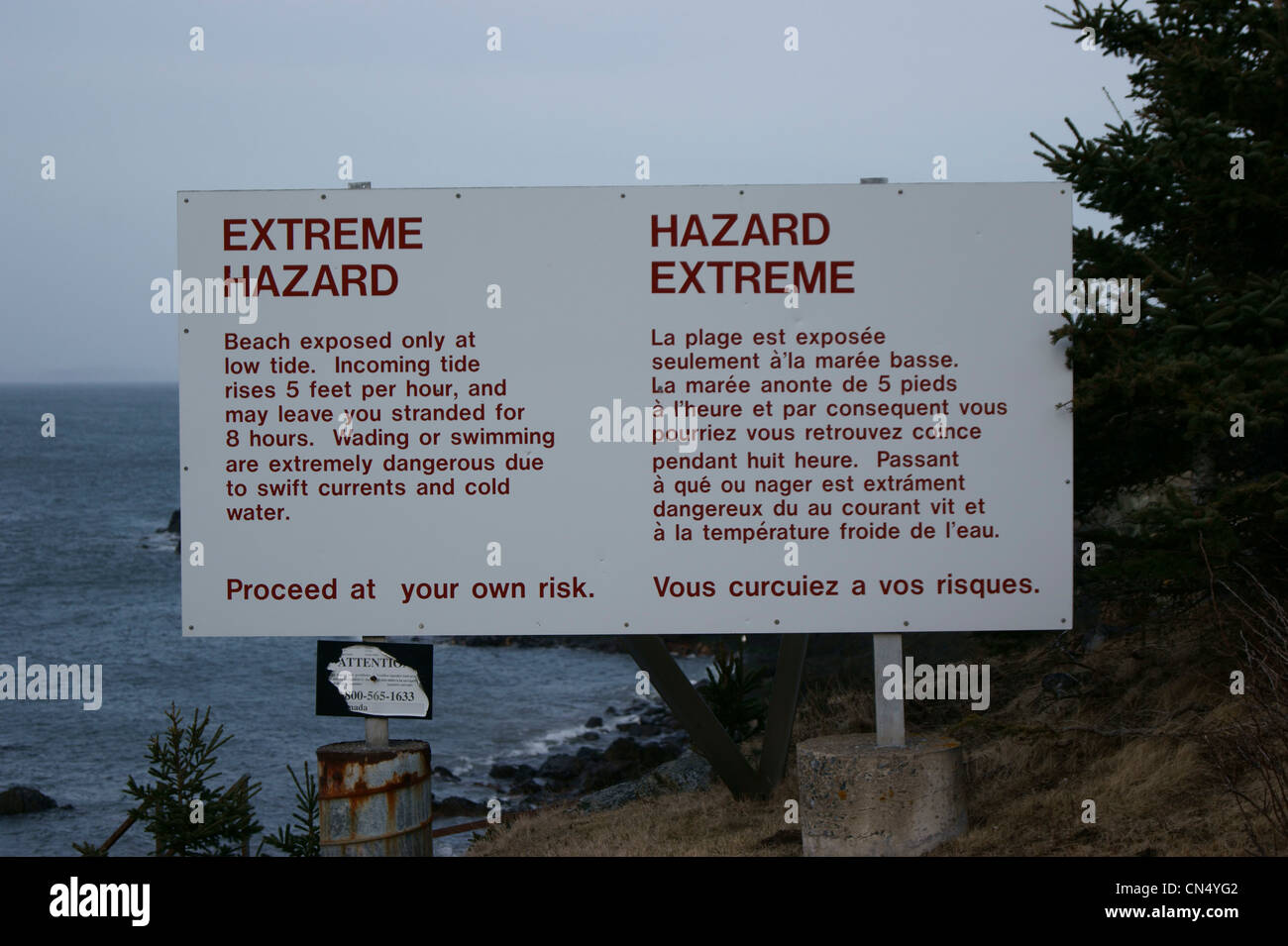 Hazard sign on Campobello Island, warning of extreme tides on the Bay ...