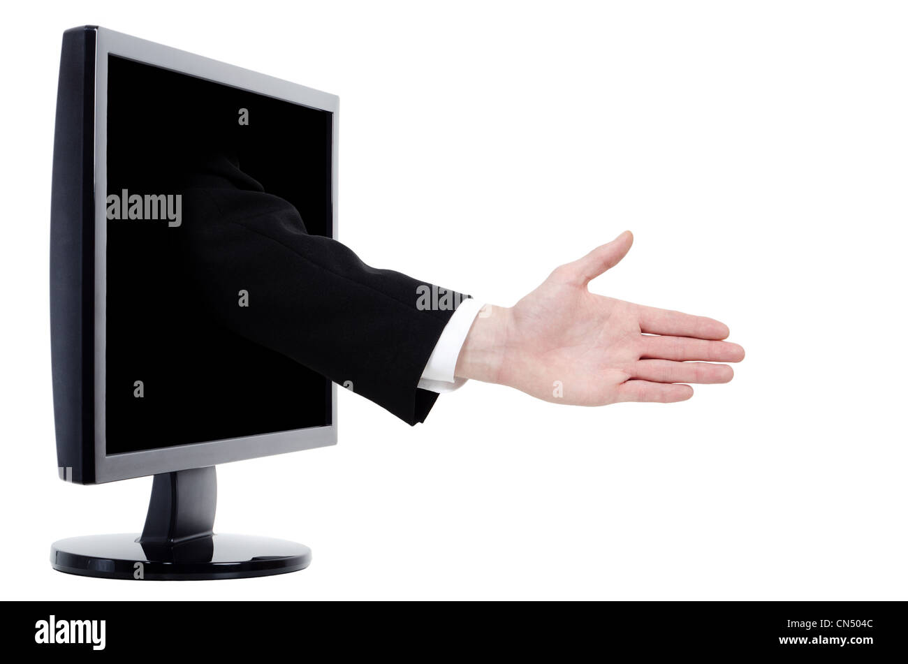 an arm with outstretched hand comes out of a monitor Stock Photo - Alamy