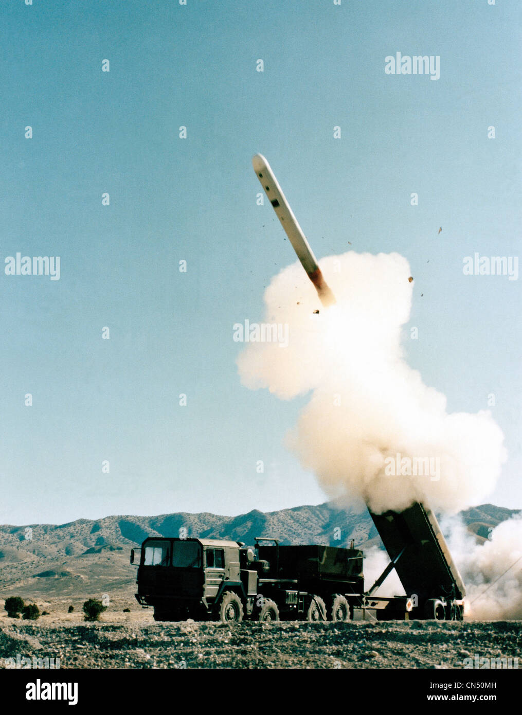 A Ground Launch Cruise Missile (GLCM) after it emerges from the ...