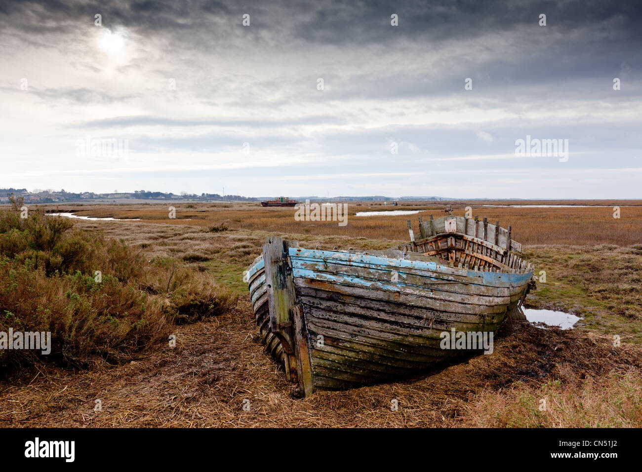 Dramatic Landscape and sky, Blakeney Marsh Norfolk UK, Wrecked Boat in ...