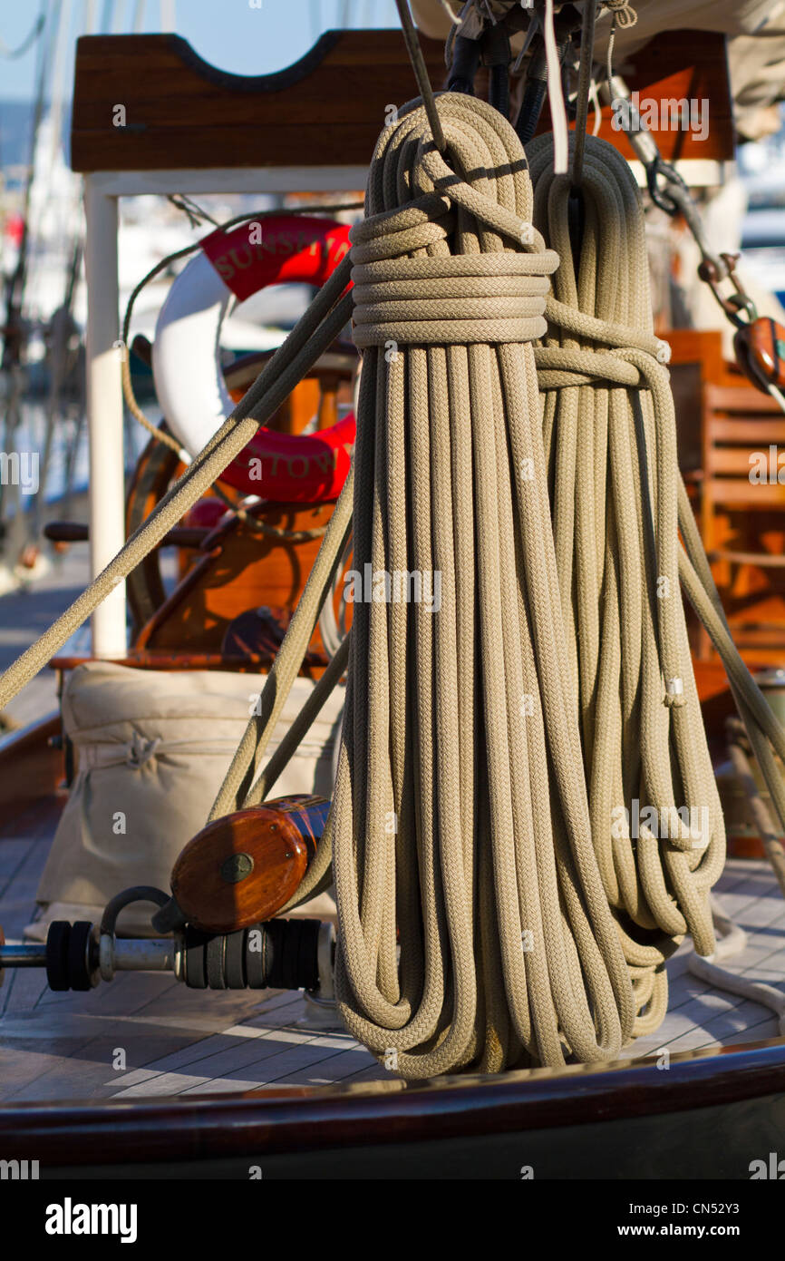 France, Var, Saint Tropez, the harbour, ropes on the deck of a ...