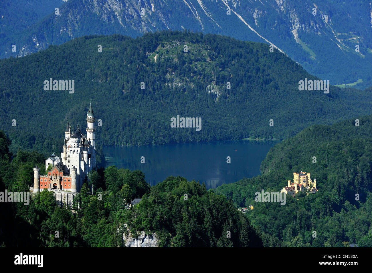 Germany, Bavaria, Schwangau, Hohenschwangau castle and Neuschwanstein ...