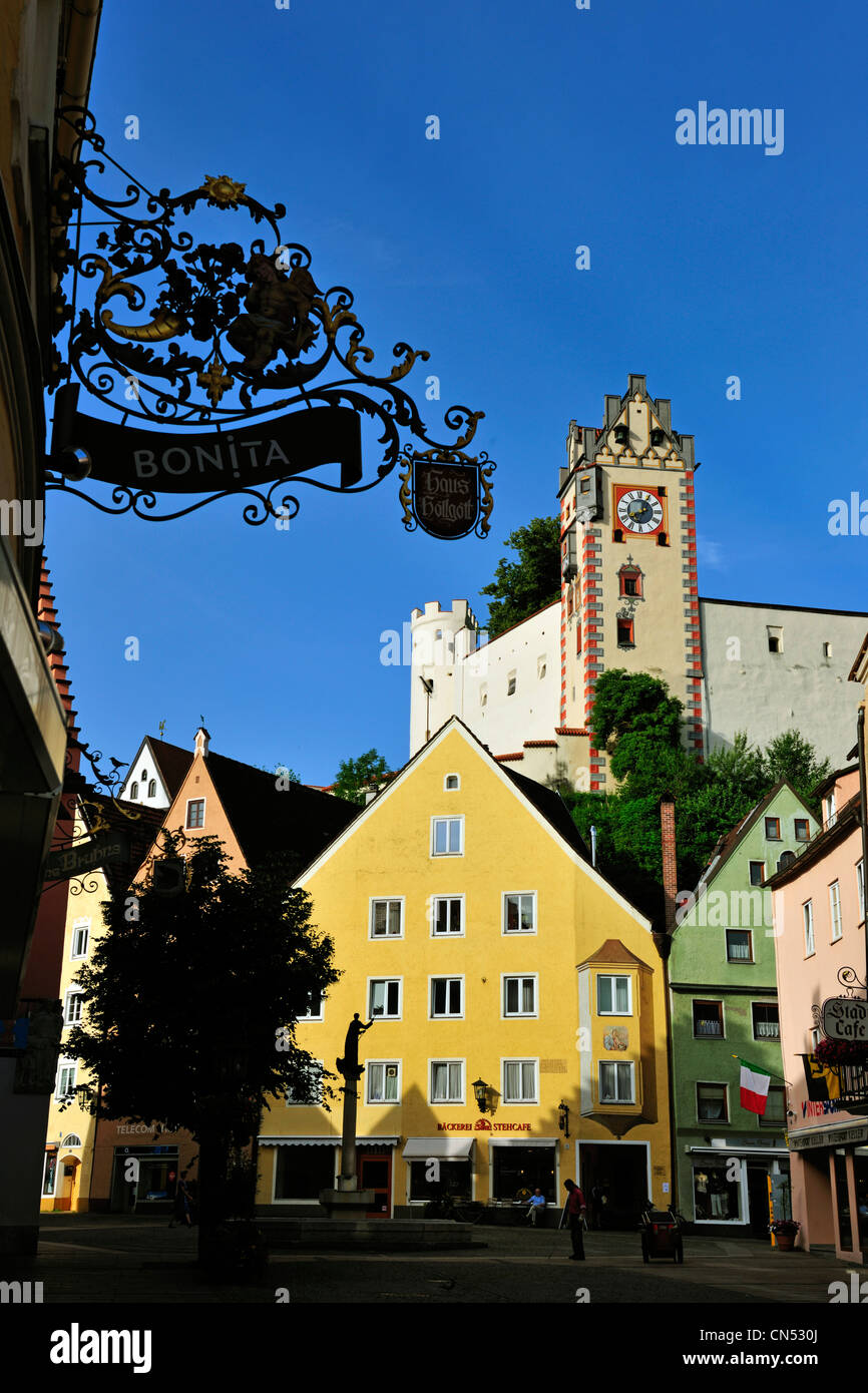 Germany, Bavaria, Fussen, historical center with a tower of the castle ...