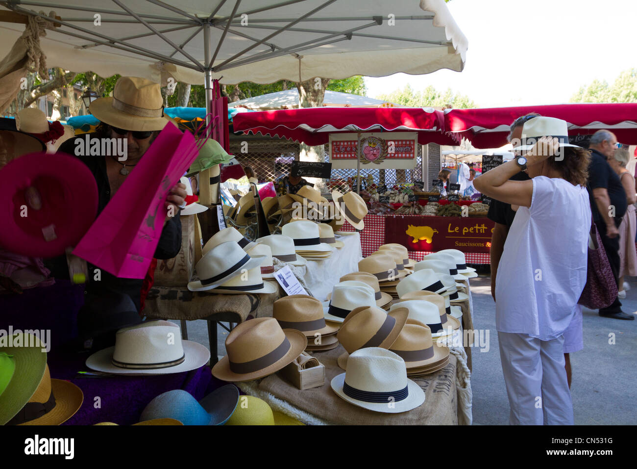 France, Var, Saint Tropez, Place des Lices, stall of hats Panama at the ...