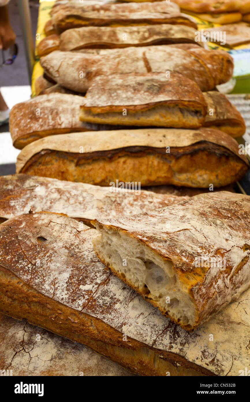 France, Var, Saint Tropez, Place des Lices, artisan bread stall at the ...