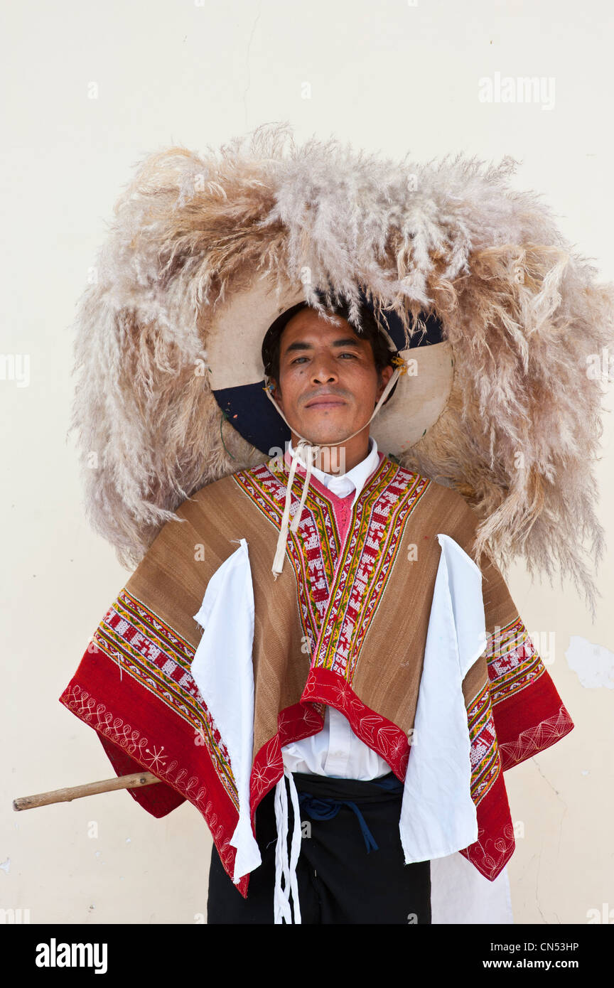 Peru, Cuzco Province, Huaro, dancer in traditional costume for the corn ...
