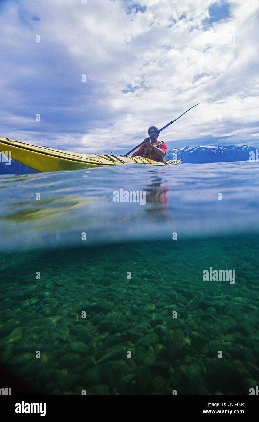 View of Kayaker in Shallow Water, Atlin Lake, Atlin, Northern British ...