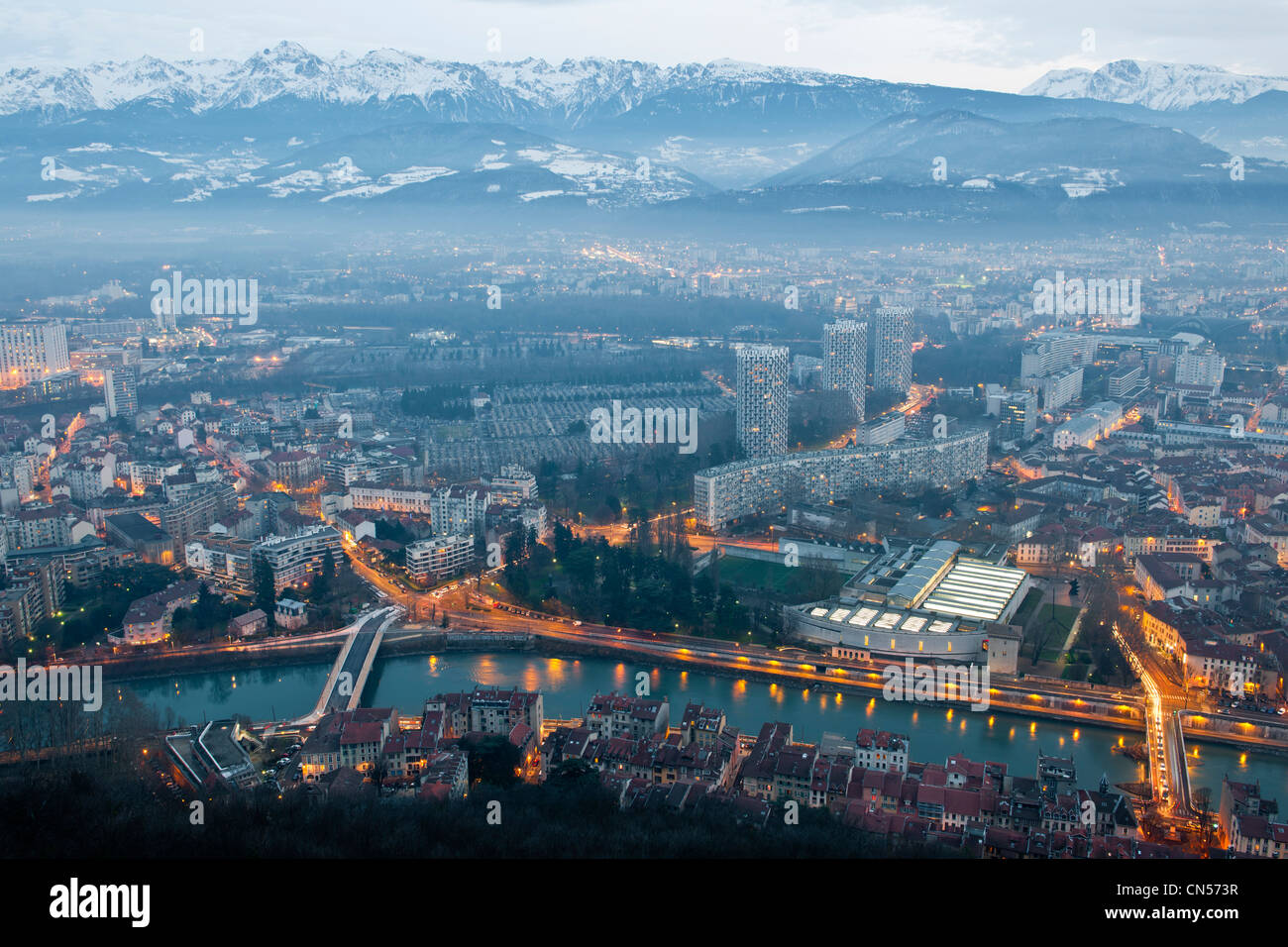 France, Isere, Grenoble, the banks of the Isere river and the massif of ...